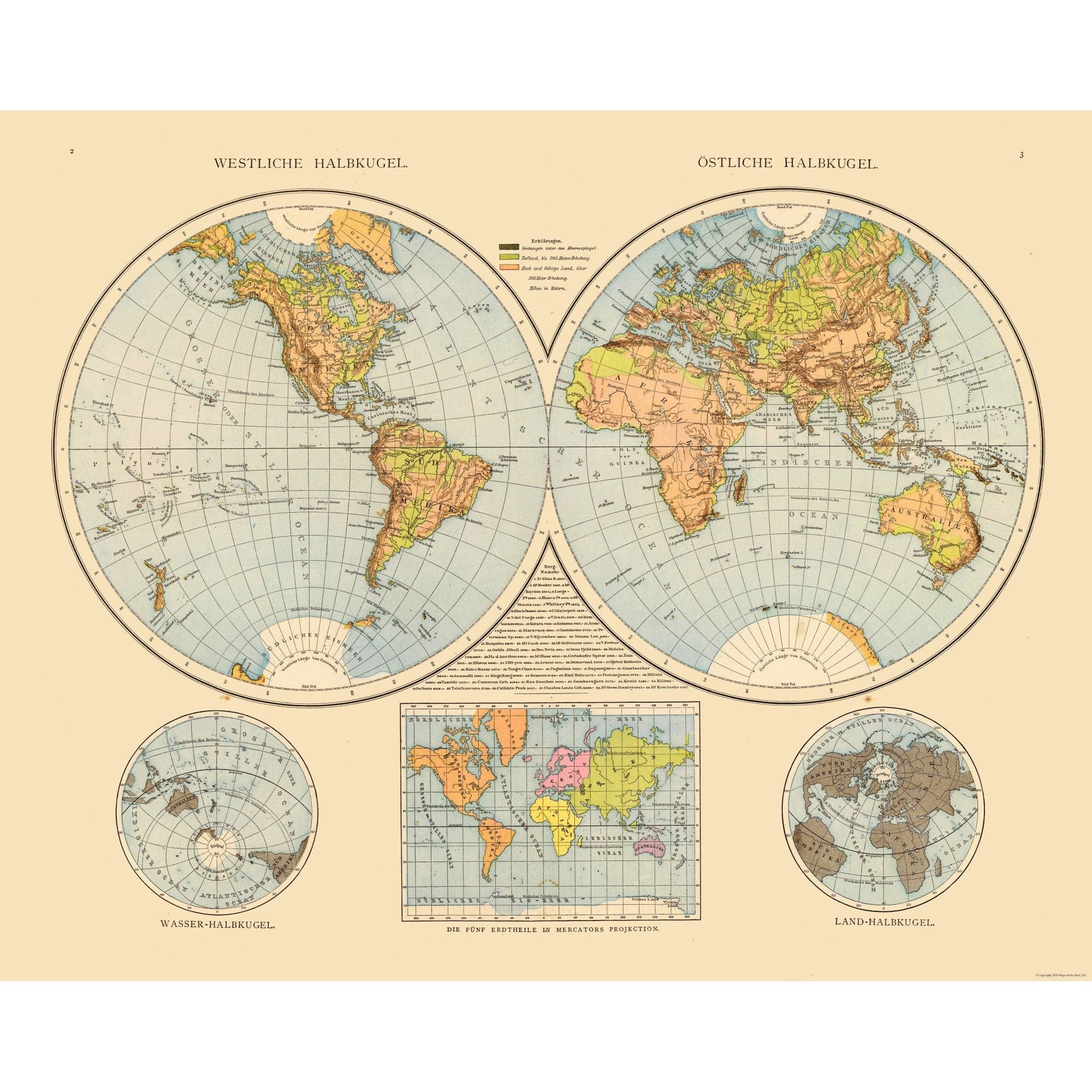 Historic Map - Eastern Western Hemispheres - 28.85 x 23 - Vintage Wall ...