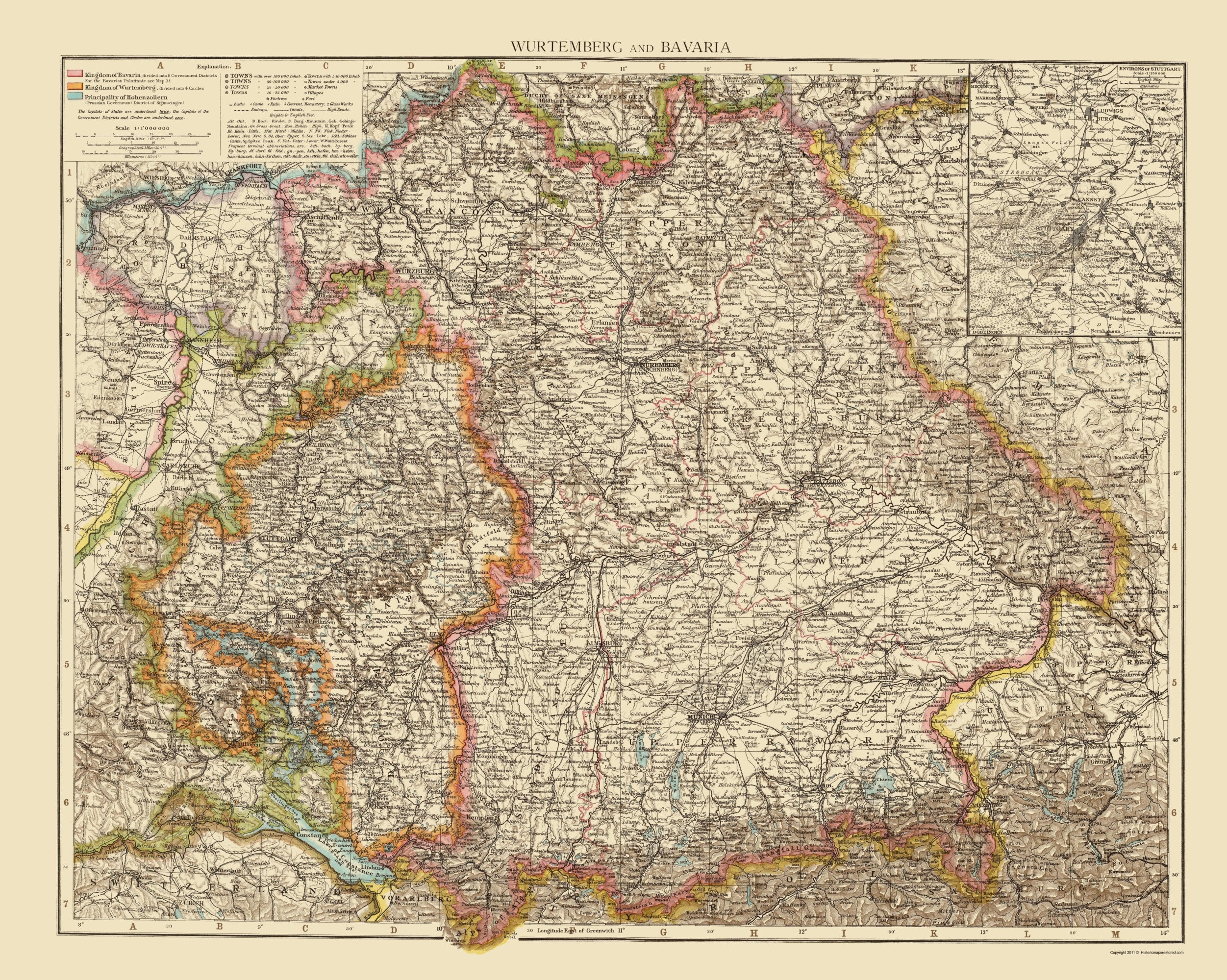 Historic Map Wurtemberg Bavaria Germany Andree 1895 Vintage Wall Historic Map Wurtemberg Bavaria Germany Andree 1895 Vintage Wall