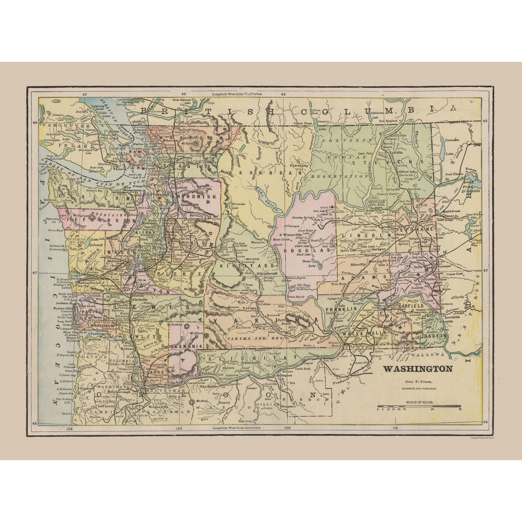 Historic State Map - Washington - Cram 1892 - 30.14 x 23 - Vintage Wal ...