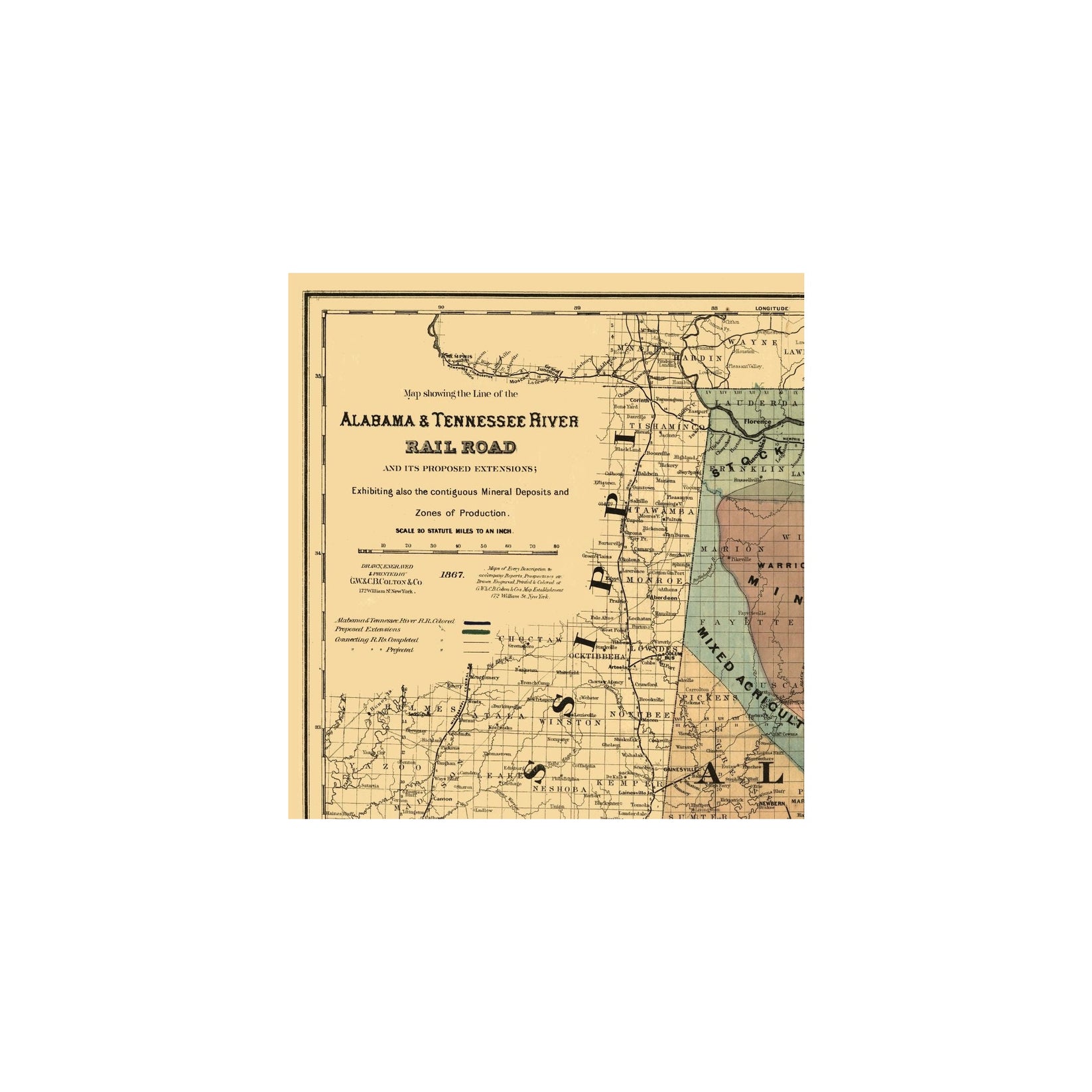 Railroad Map - Alabama and Tennessee River Railroad - Colton 1867 - 23 ...