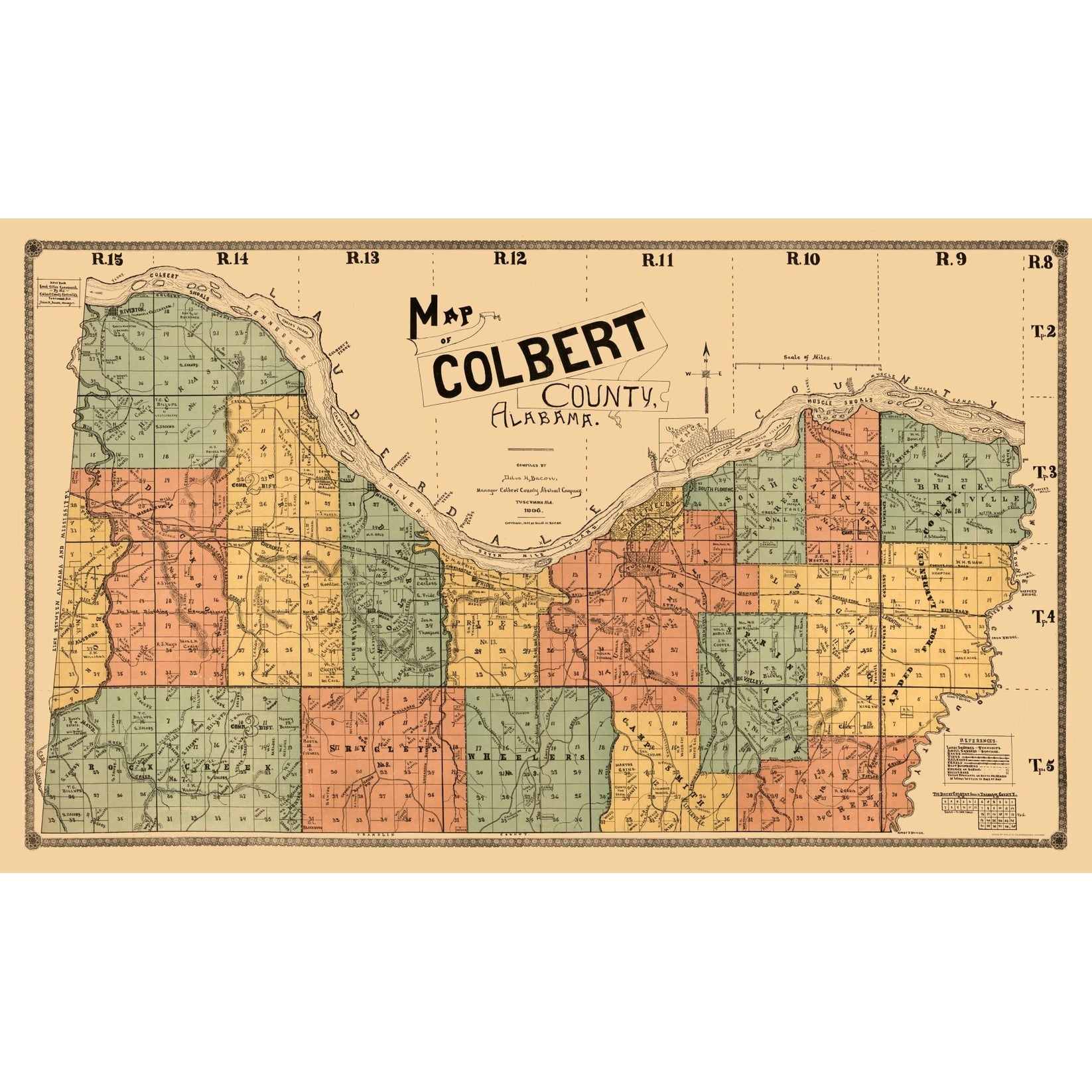 Historic County Map - Colbert County Alabama - Bacon 1896 - Vintage Wa ...