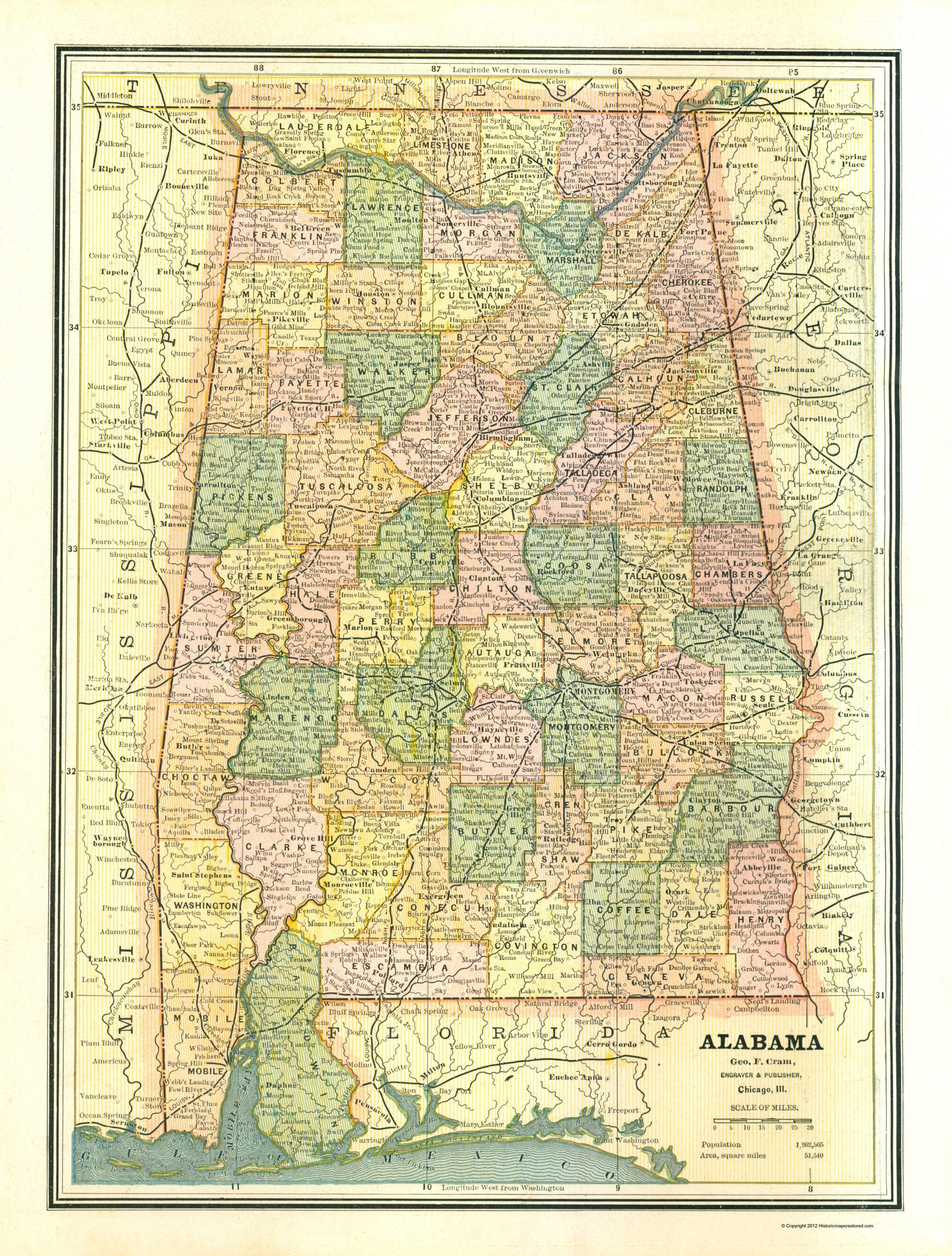 Historic State Map - Alabama - Cram 1886 - 23 x 30.37 - Vintage Wall A ...