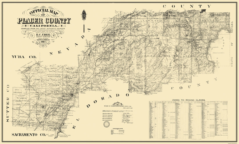 Historic County Map - Placer County California - Uren 1887 - Vintage W ...