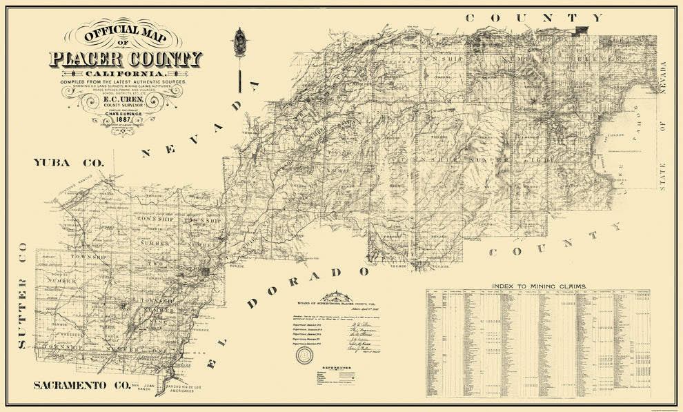 Historic County Map - Placer County California - Uren 1887 - Vintage W ...