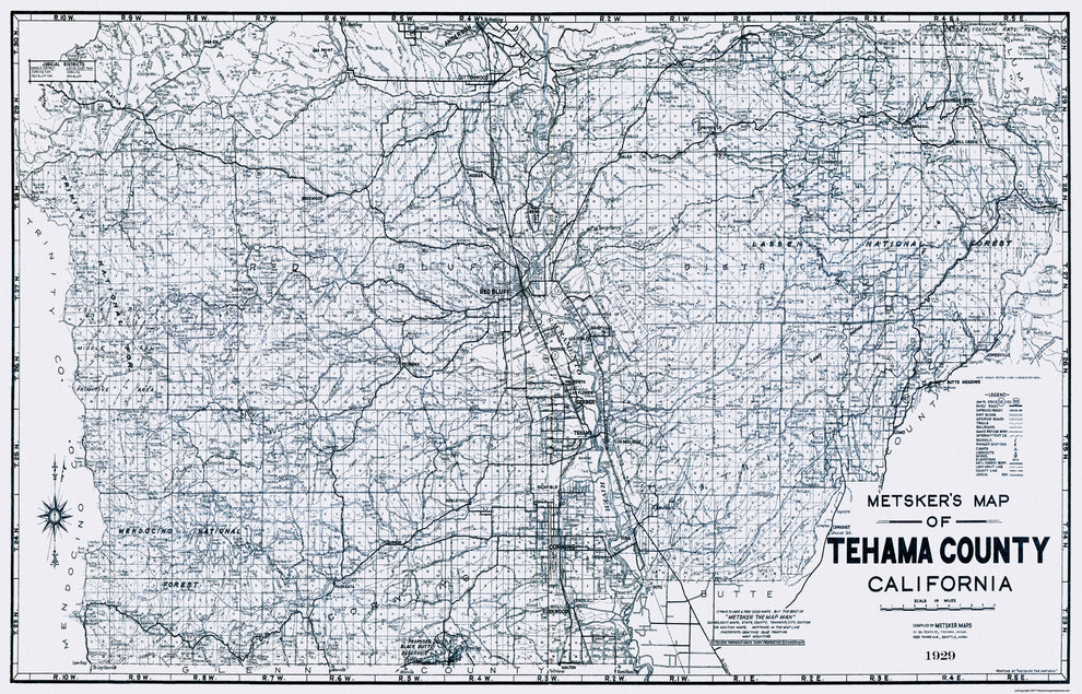 Historic County Map - Tehama CountyCalifornia - Metsker 1929 - Vintage ...