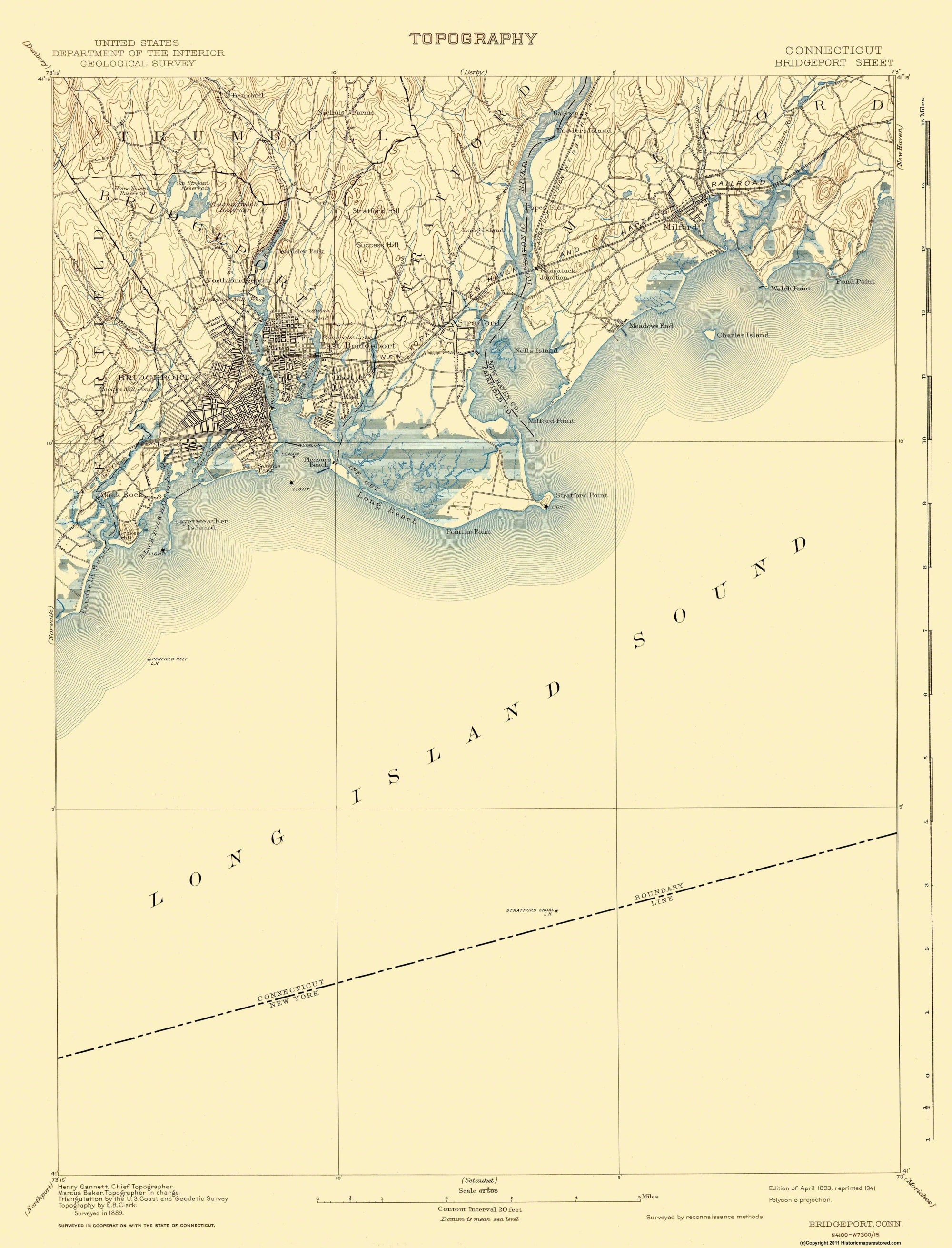 Topographical Map - Bridgeport Connecticut Quad - USGS 1893 - 23 x 30 ...