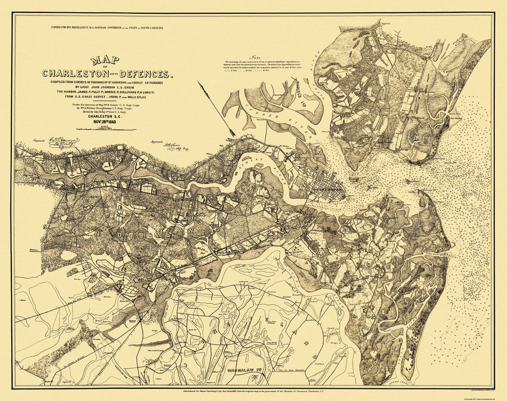 Historical Civil War Map - Charleston Defences - Walker 1885 - Vintage ...