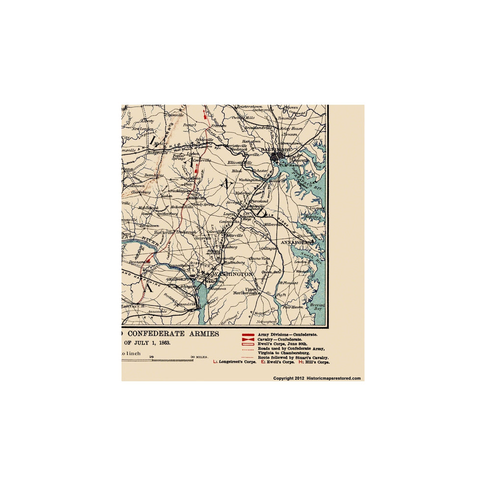 Historical Civil War Map - Gettysburg Pennsylvania Calvary Positions ...