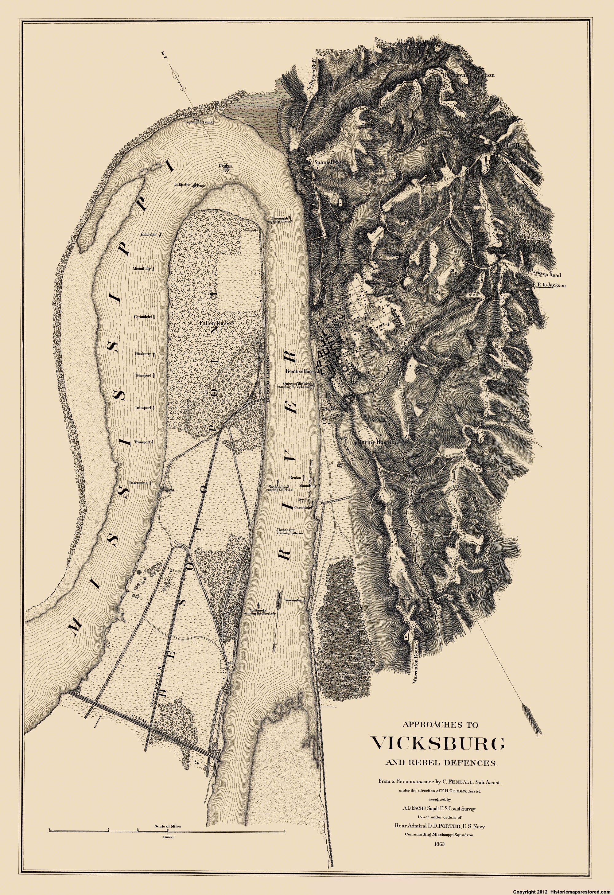 Historical Civil War Map - Vicksburg Approaches Rebel Defences - Bache ...
