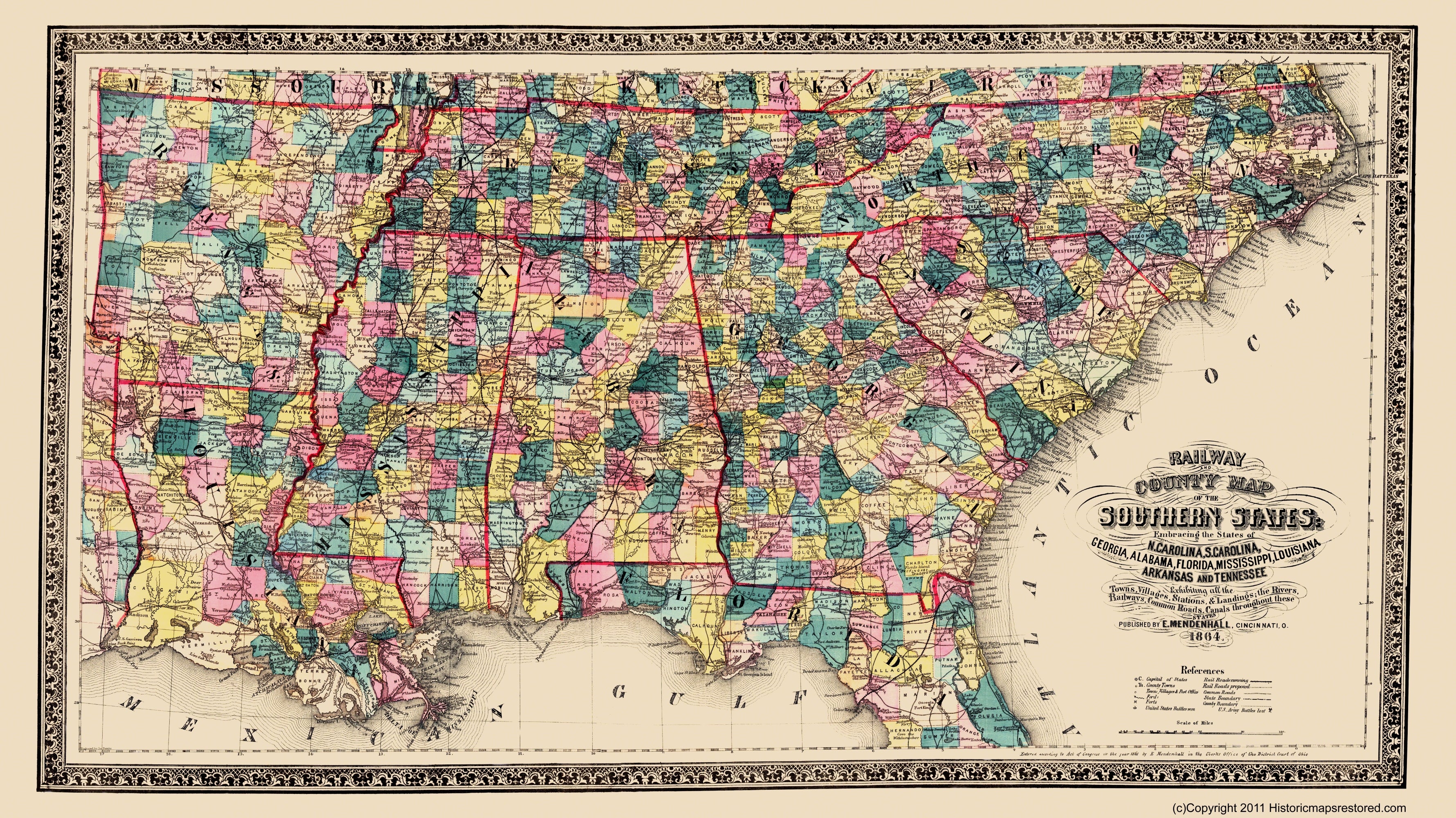 Historical Civil War Map - Southern States Railway - Mendenhall 1864 ...