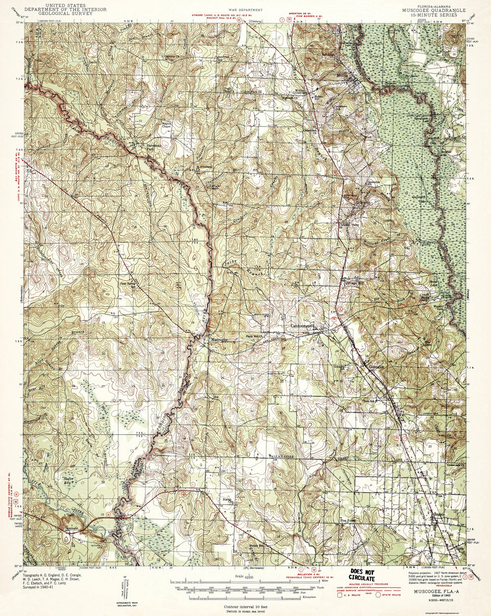 Topographical Map - Muscogee Florida Alabama Quad - USGS 1943 - Vintag ...