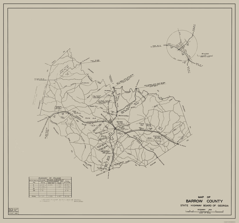 Historic County Map - Barrow County Georgia - Highway Board 1934 - Vin ...