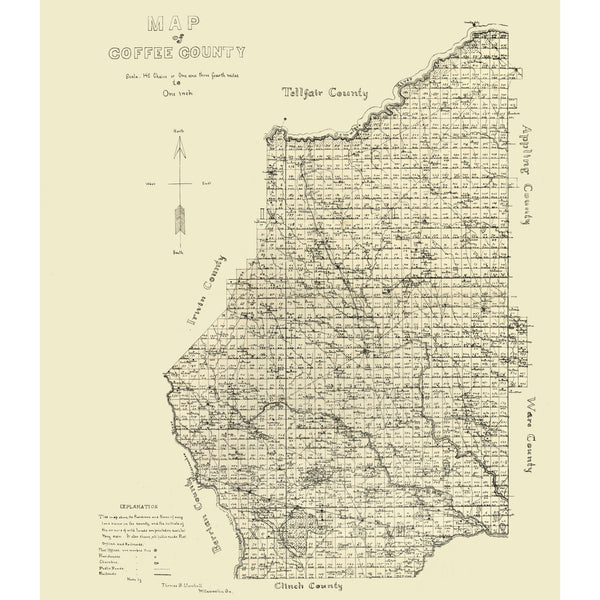 Historic County Map - Coffee County Georgia - Marshall 1891 - Vintage ...