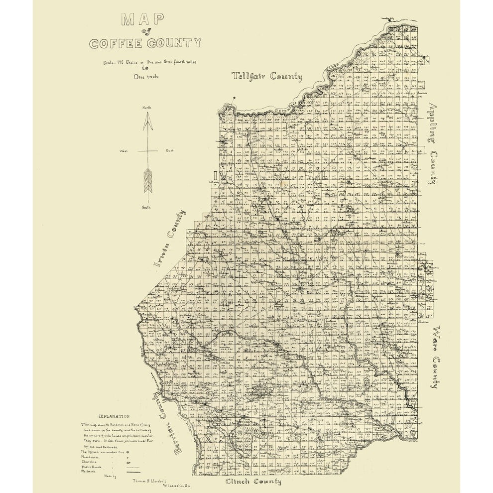 Historic County Map - Coffee County Georgia - Marshall 1891 - Vintage ...