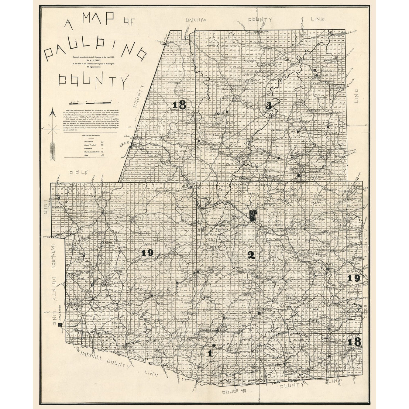 Historic County Map - Paulding County Georgia - West 1896 - Vintage Wa ...