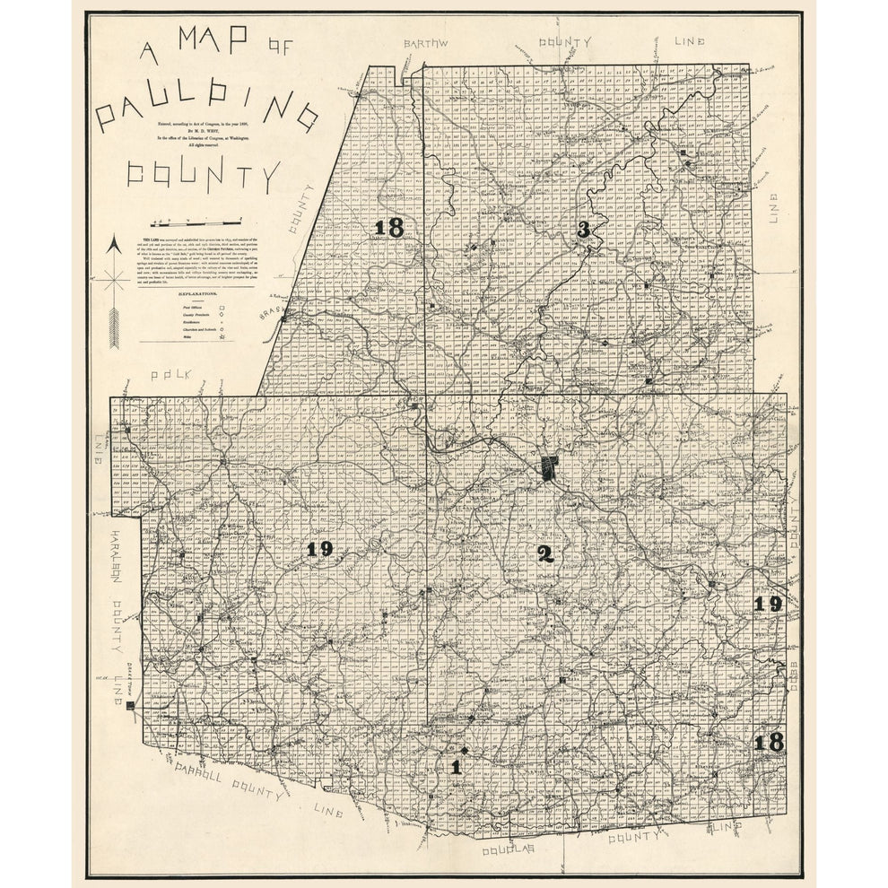 Historic County Map - Paulding County Georgia - West 1896 - Vintage Wa ...