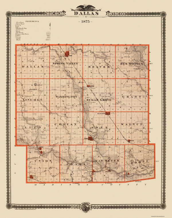 Historic County Map - Dallas County Iowa - Mills 1875 - Vintage Wall A ...