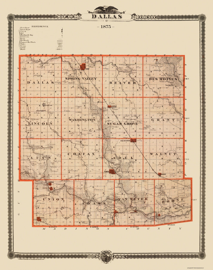 Historic County Map - Dallas County Iowa - Mills 1875 - Vintage Wall A ...