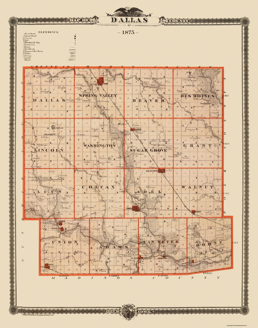 Historic County Map - Dallas County Iowa - Mills 1875 - Vintage Wall A ...