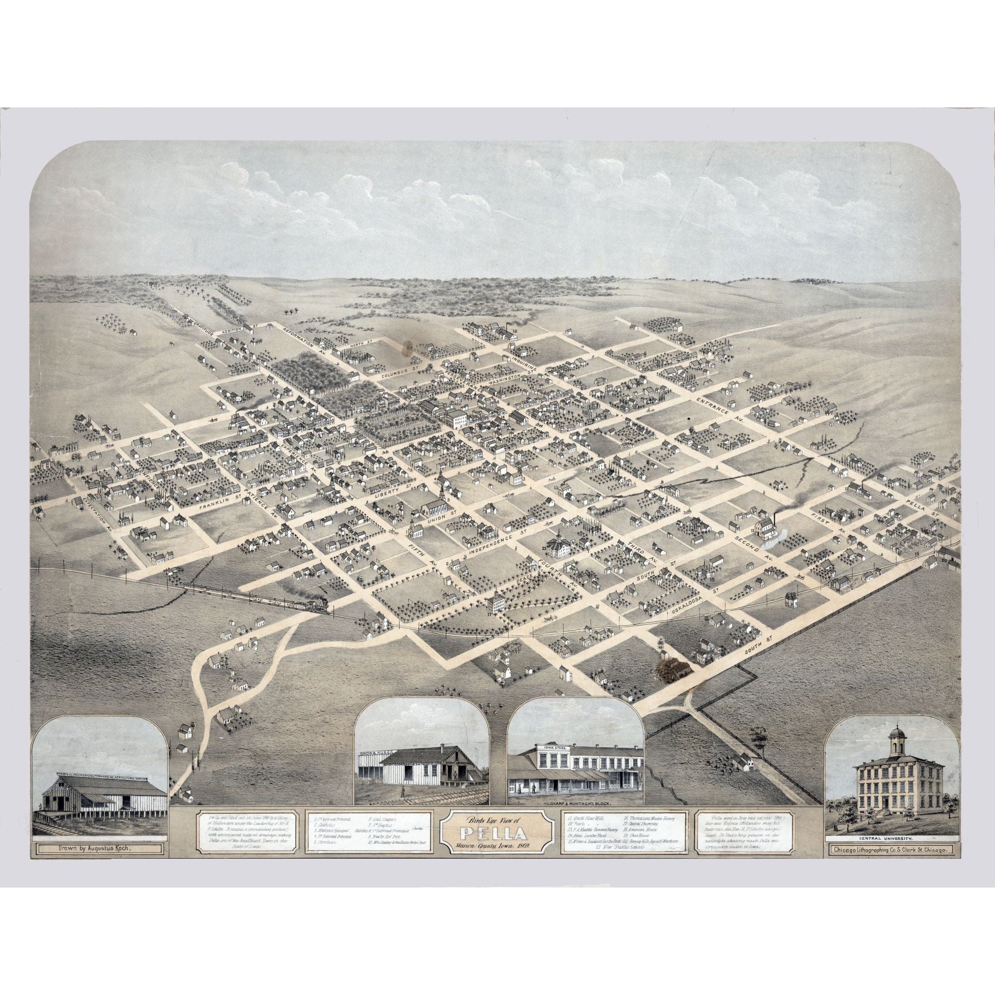 Historic Panoramic View - Pella Iowa - Koch 1869 - 29.33 x 23 - Vintag ...