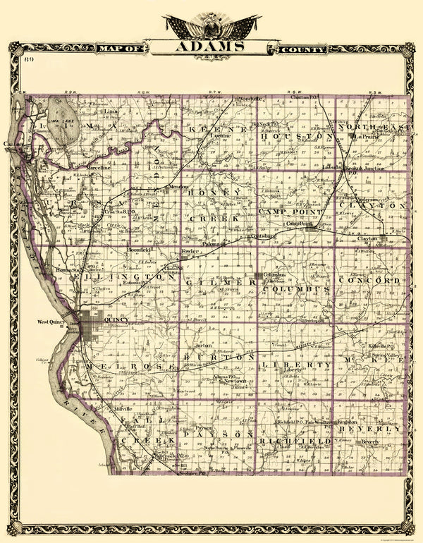 Historic County Map - Adams County Illinois - Warner 1870 - Vintage Wa ...