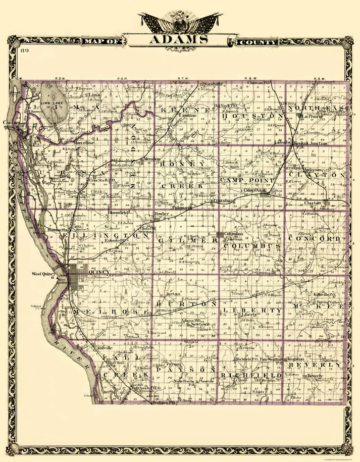 Historic County Map - Adams County Illinois - Warner 1870 - Vintage Wa ...