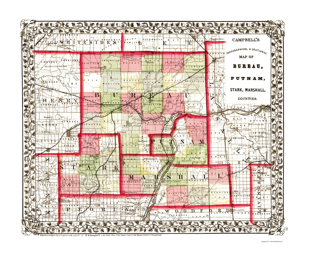 Historic County Map - Bureau Putnam Stark Marshall Counties Illinois ...