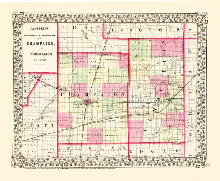 Historic County Map- Champaign Vermillion Illinois - Campbell 1870 - V ...