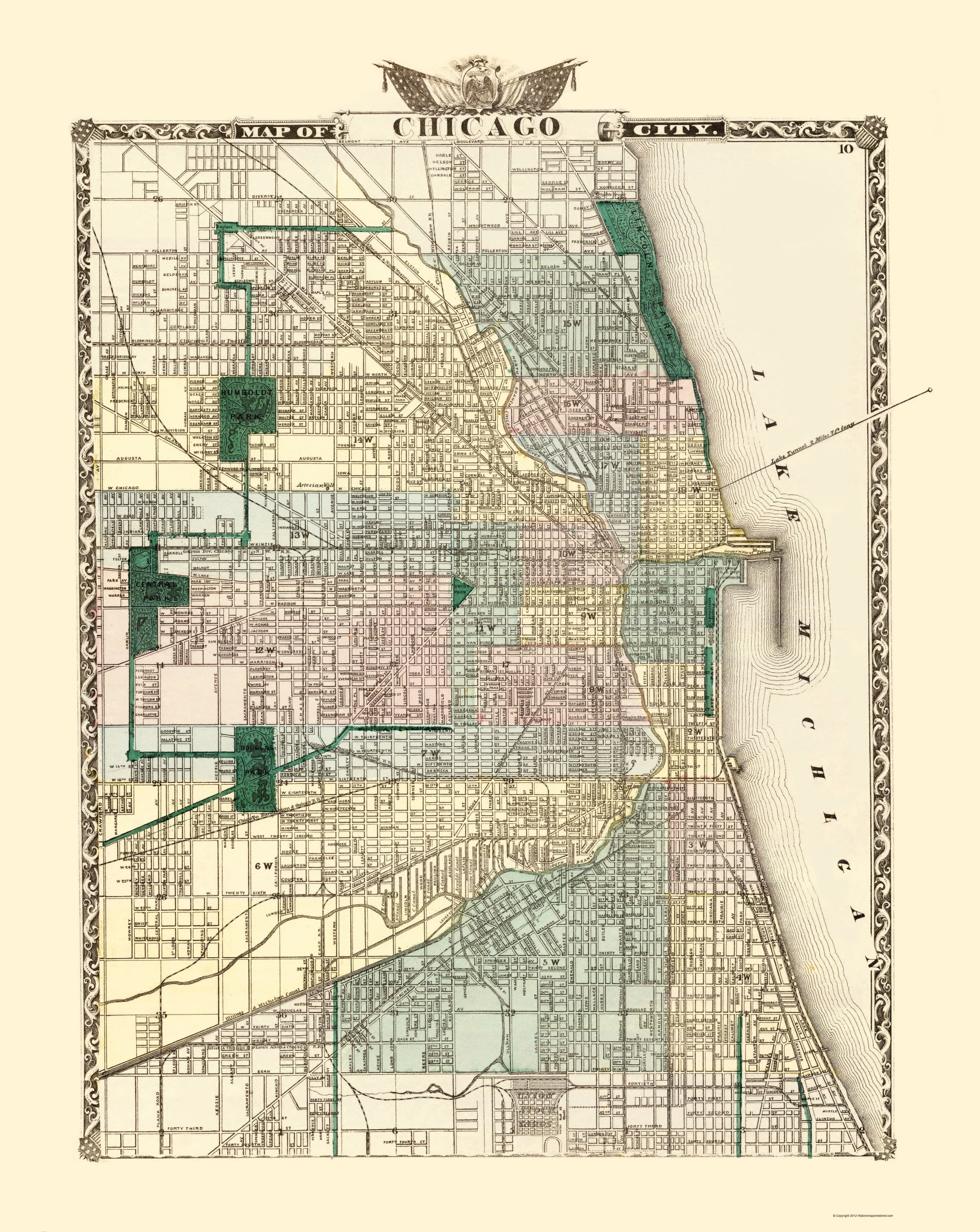 Historic City Map - Chicago Illinois - Warner 1870 - Vintage Wall Art ...