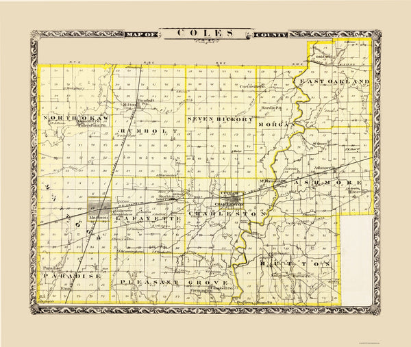 Historic County Map - Coles County Illinois - Warner 1876 - Vintage Wa ...