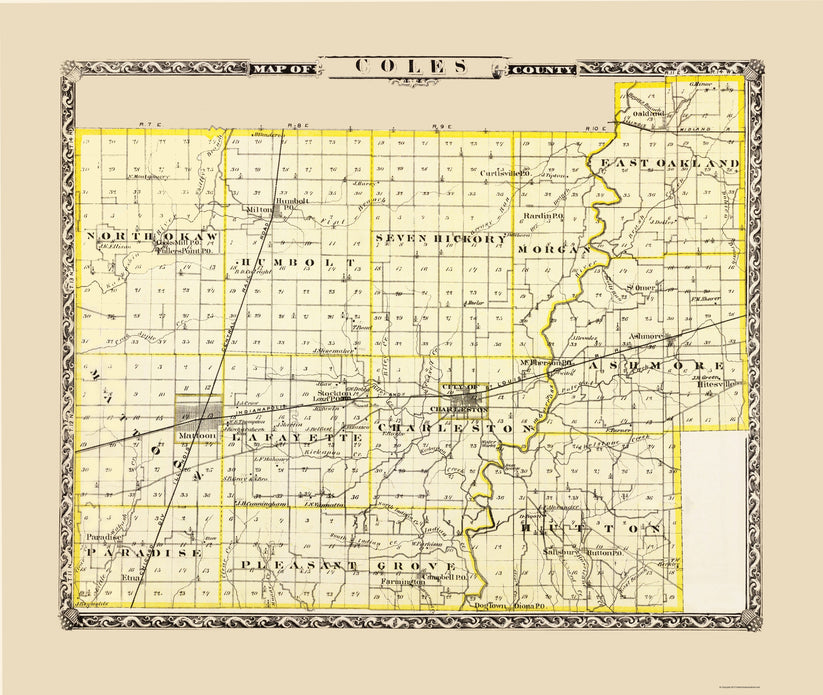 Historic County Map - Coles County Illinois - Warner 1876 - Vintage Wa ...