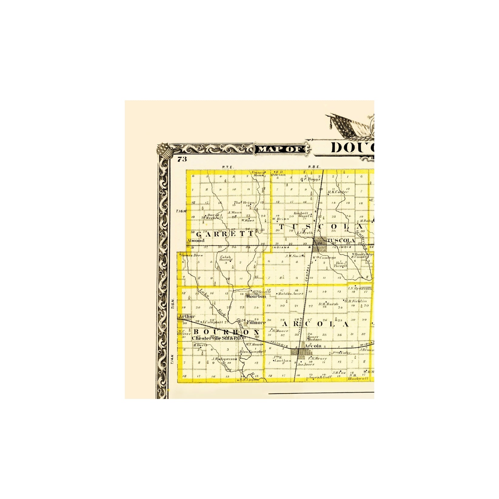 Historic County Map - Douglas Cumberland Counties Illinois - Warner 18 ...