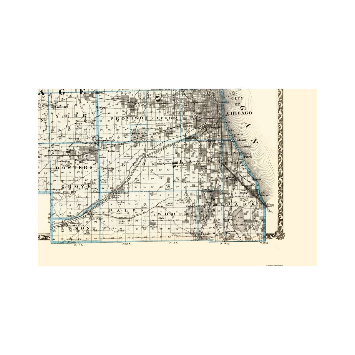 Historic County Map - Kane Du Page Cook Counties Illinois - Warner 187 ...