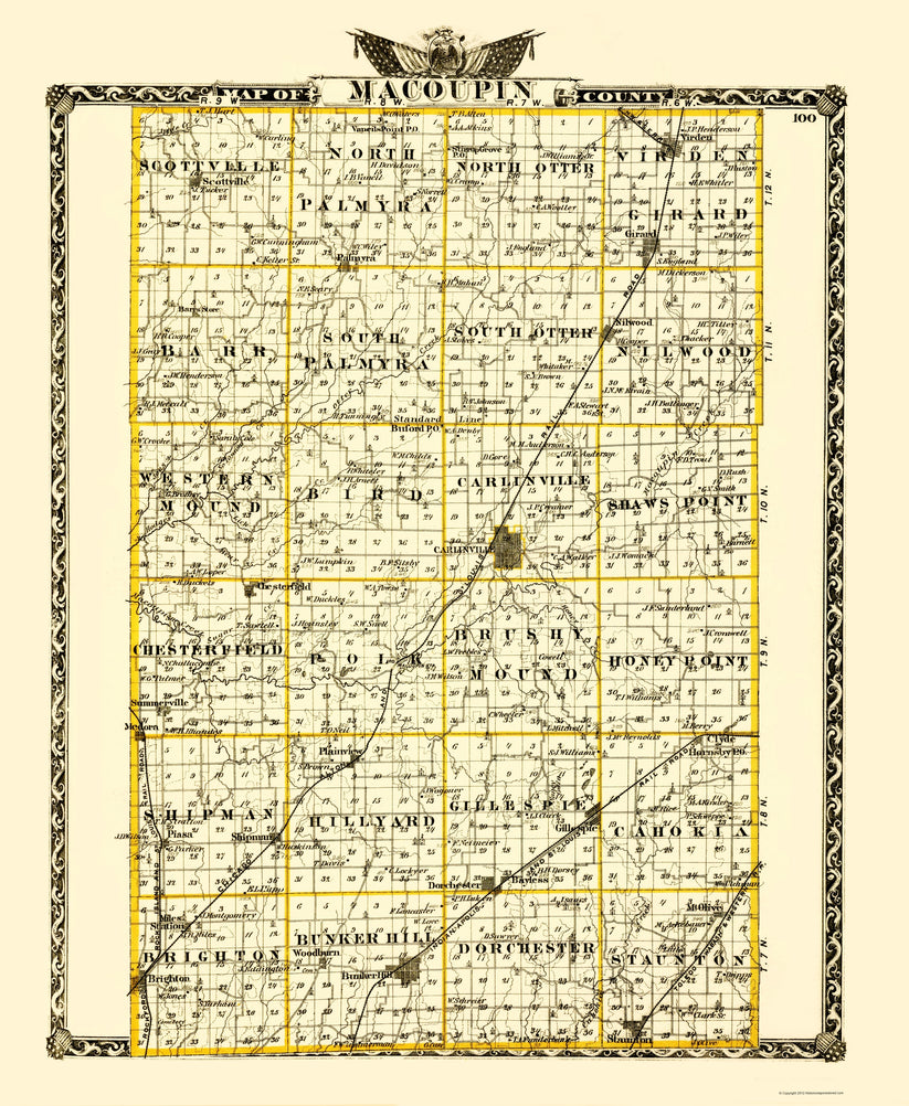 Historic County Map - Macoupin County Illinois - Warner 1870 - Vintage ...
