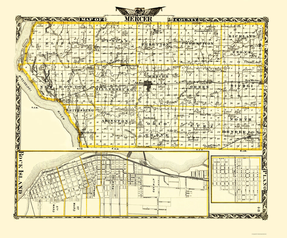 Historic County Map - Mercer County Illinois - Warner 1870 - Vintage W ...