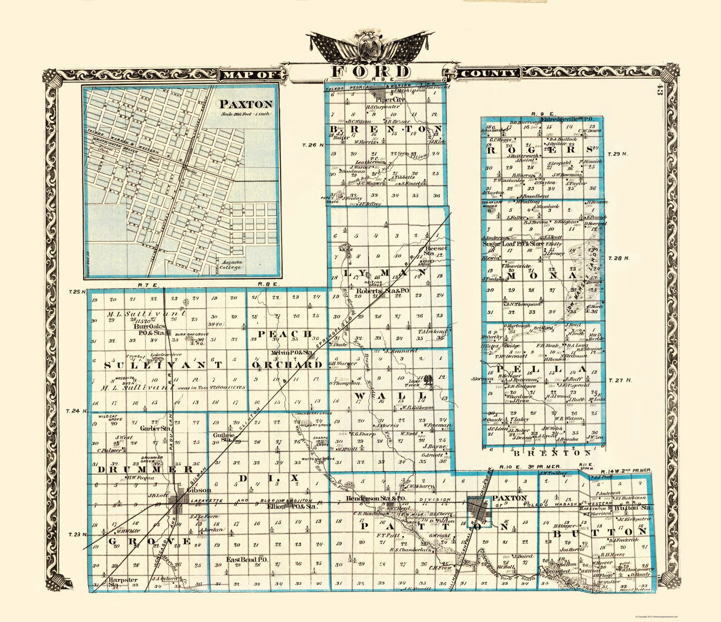 Historic County Map - Ford County Illinois - Warner 1870 - Vintage Wal ...