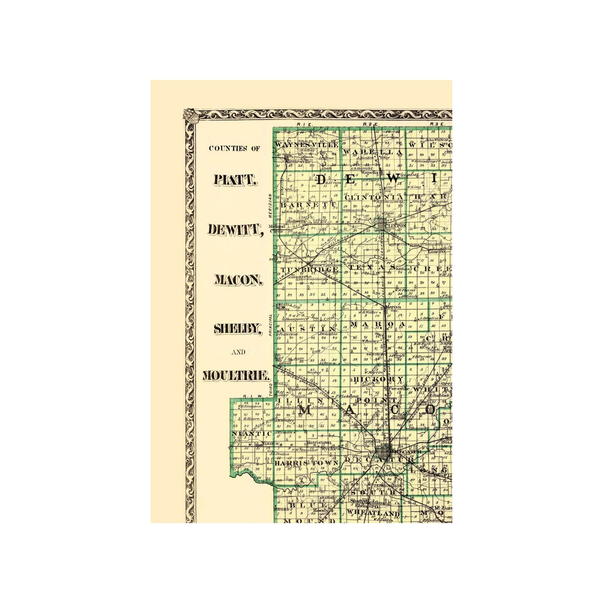 Historic County Map - Piatt Dewitt Macon Shelby Moultrie Counties Illi ...