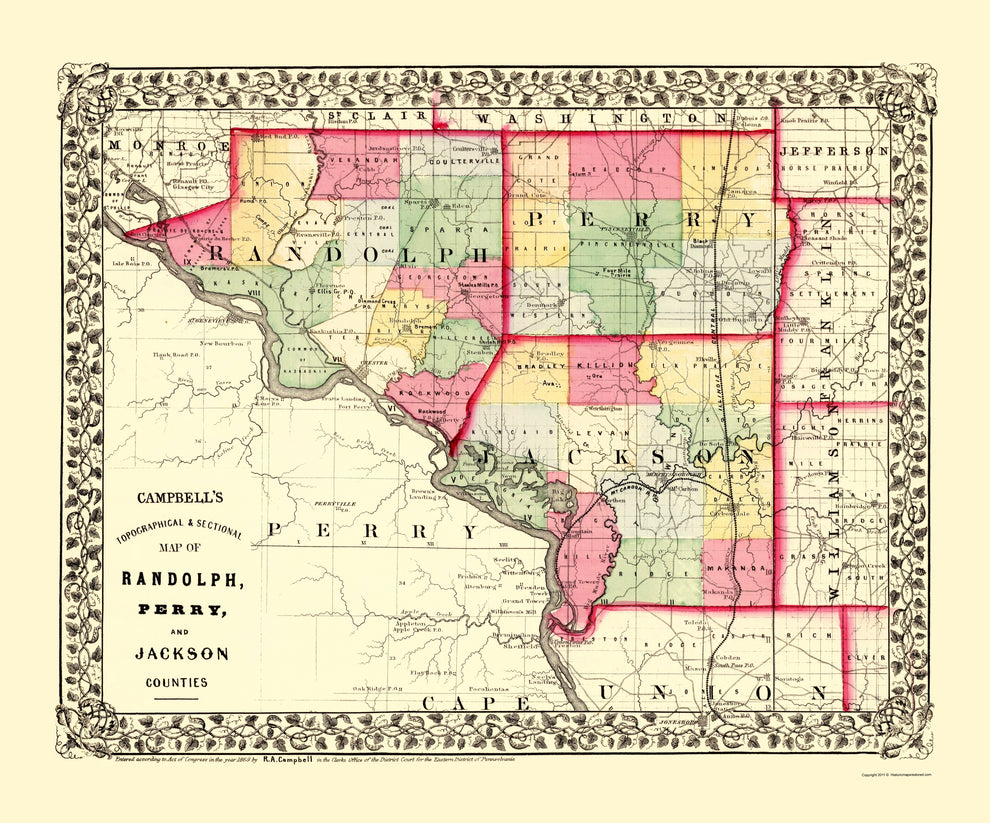 Historic County Map- Randolph Perry Jackson Illinois - Campbell 1870 ...