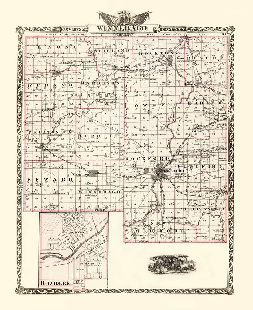 Historic County Map - Winnebago County Illinois - Warner 1876 - Vintag ...