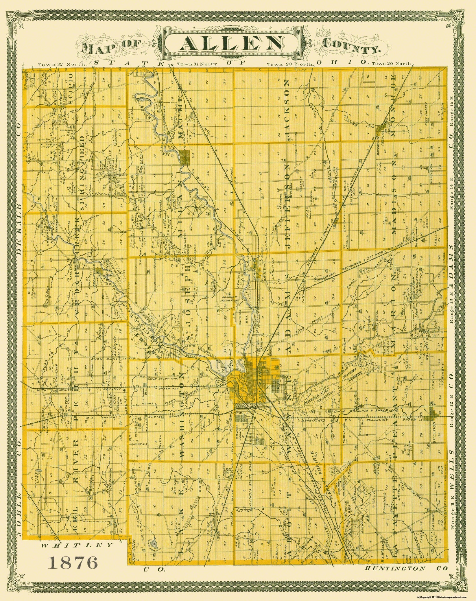 Historic County Map - Allen County Indiana - Andreas 1876 - Vintage Wa ...