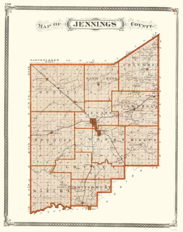 Historic County Map - Jennings County Indiana - Baskin 1876 - Vintage ...