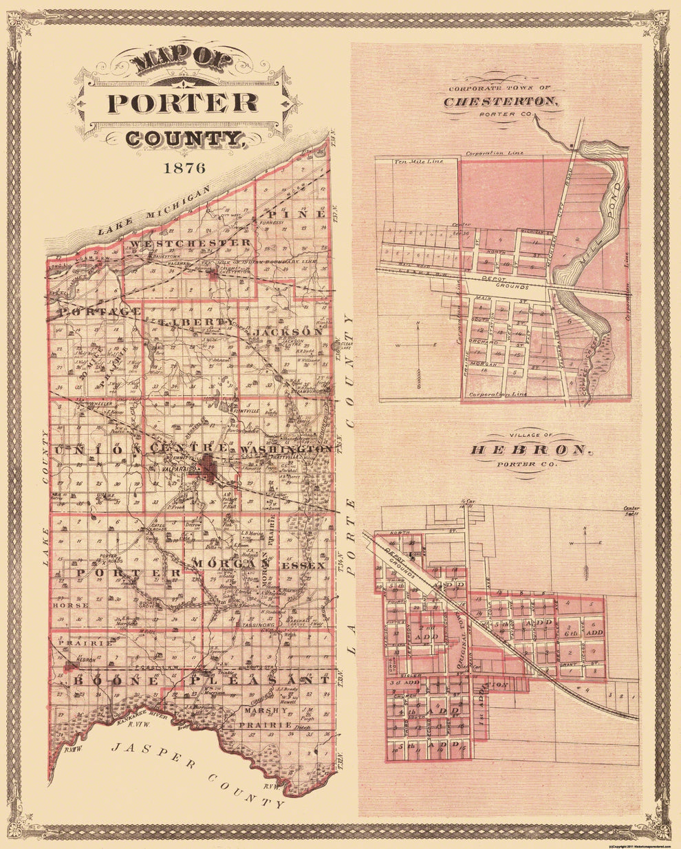 Historic County Map - Porter County Indiana - Andreas 1876 - Vintage W ...