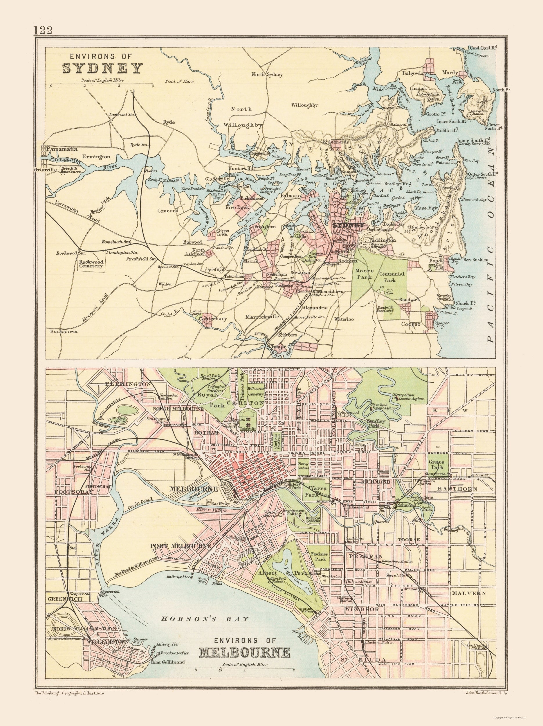 Historic Map - Australia Sydney Melbourne - Bartholomew 1892 - Vintage ...