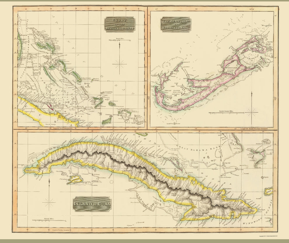 Historic Map - Bahamas Bermuda Cuba Islands - Thomson 1829 - Vintage W ...