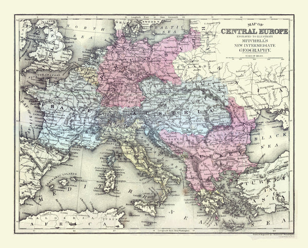 Historic Map - Central Europe - Mitchell 1877 - Vintage Wall Art – Maps ...