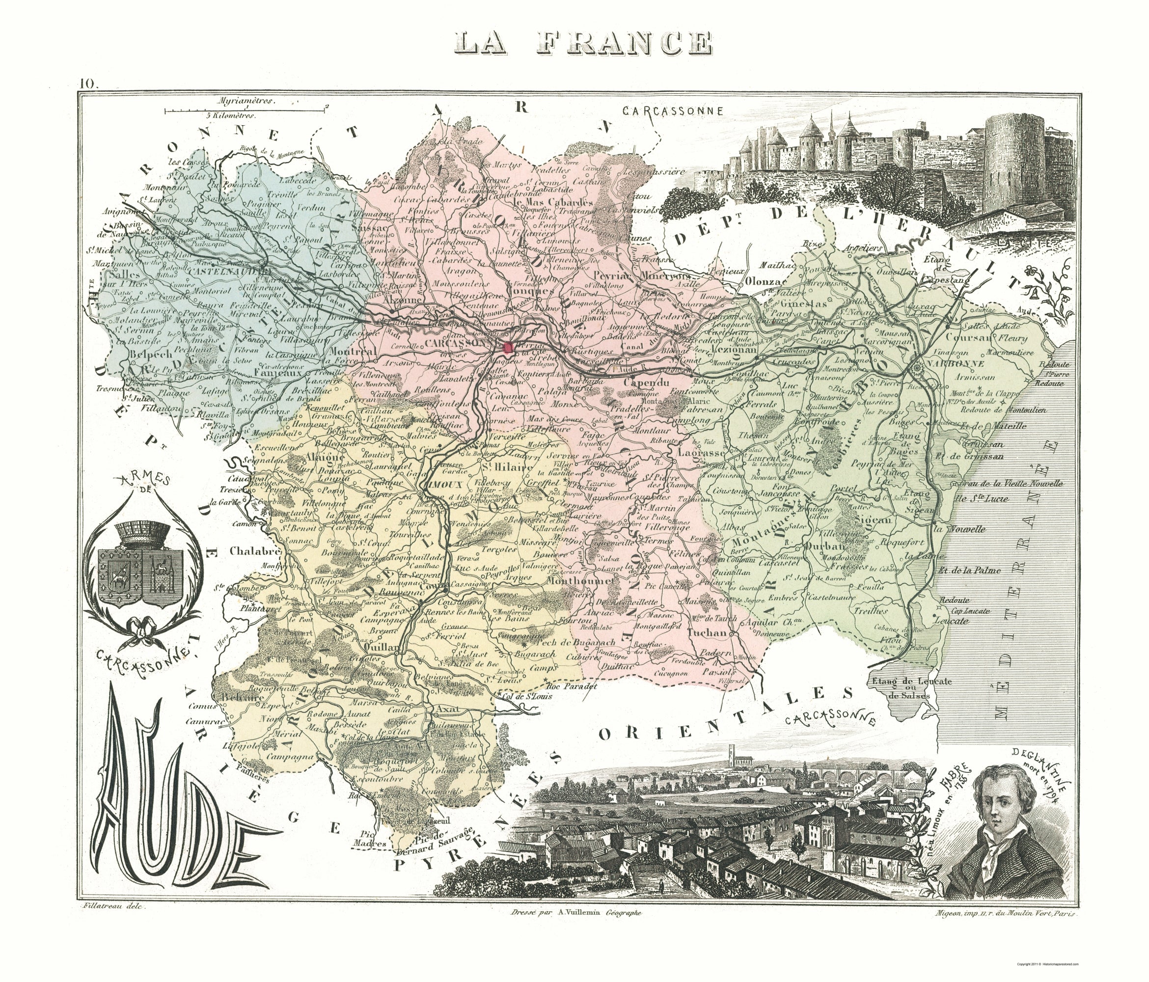 Historic Map - Aude Department France - Migeon 1869 - 23 x 26.91 - Vin ...
