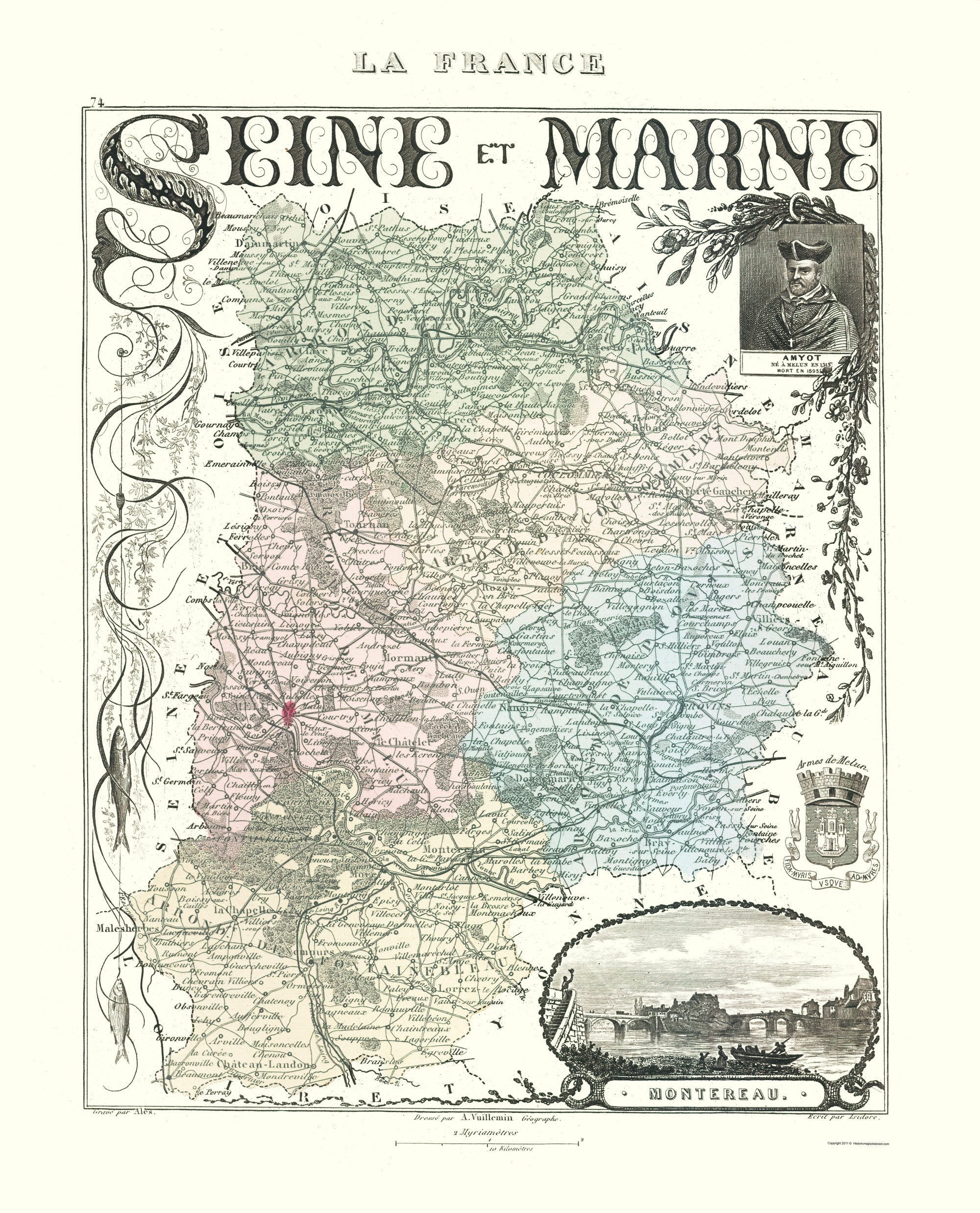 Historic Map - Seine et Marne Department France - Migeon 1869 - Vintag ...