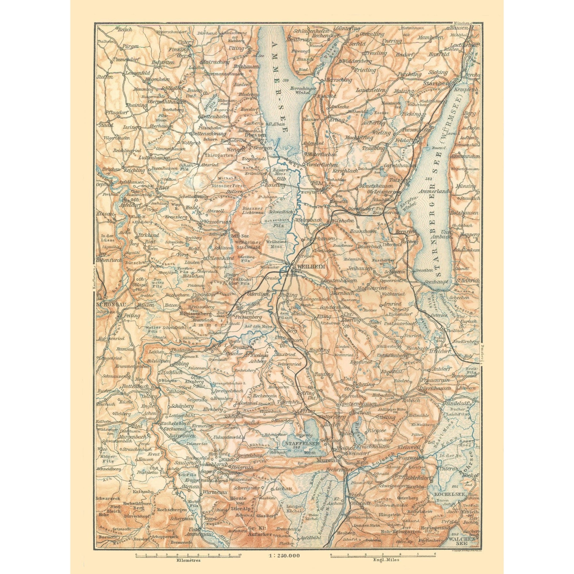 Historic Map - Southern Germany - Baedeker 1896 - 23 x 30.46 - Vintage ...