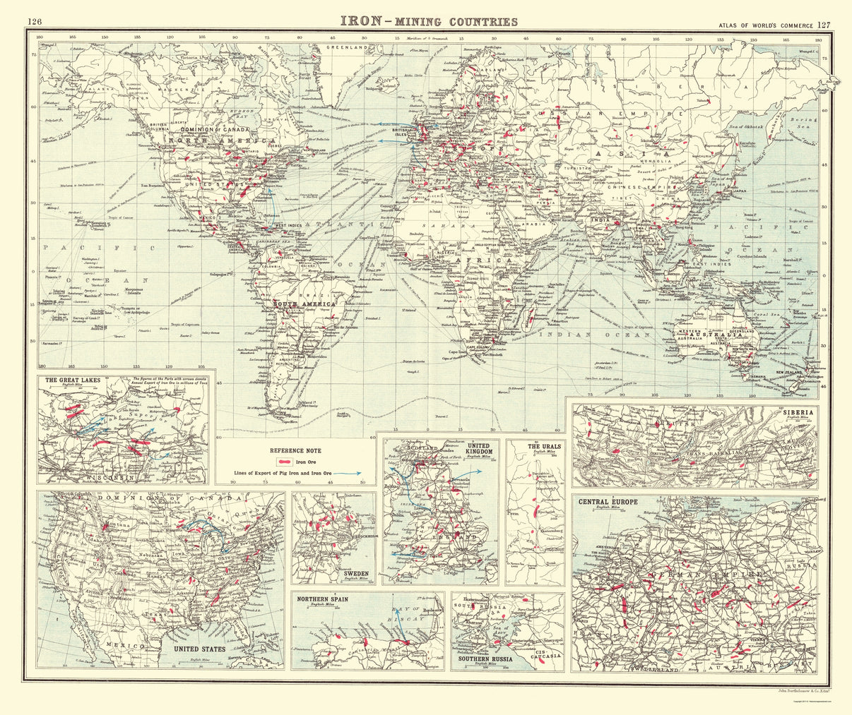 Historic Mine Map - Global Iron Mining Countries - Bartholomew 1907 ...