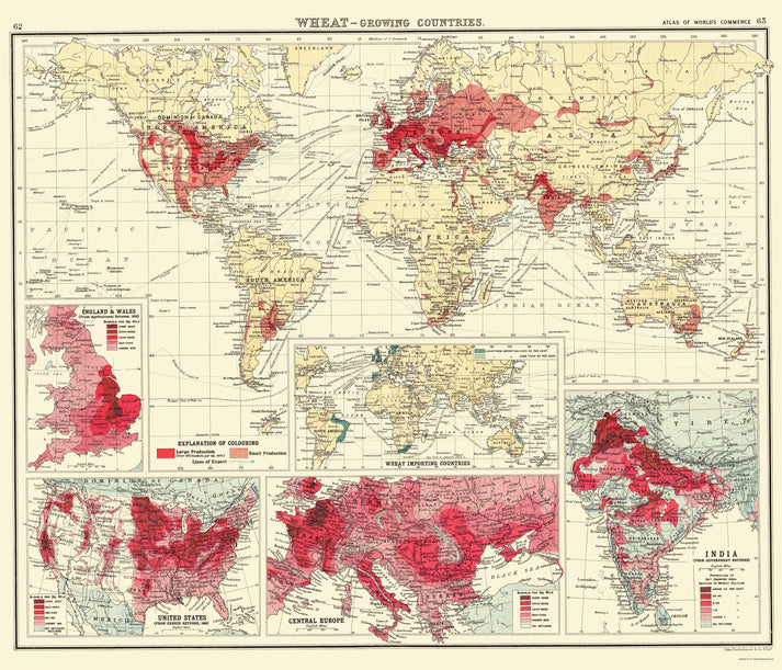 Historic Map - Global Wheat Growing Countries - Bartholomew 1907 - Vin ...